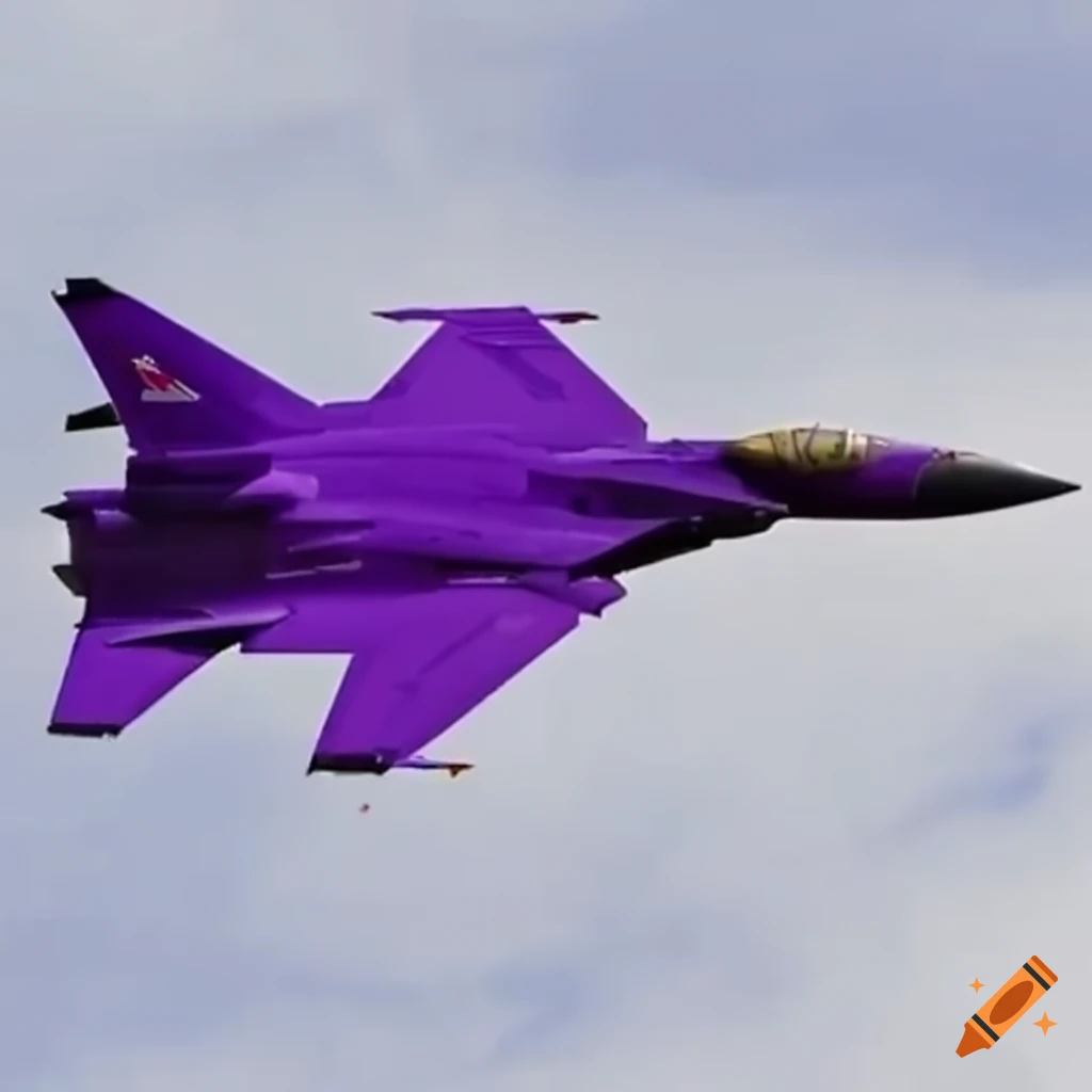 Purple fighter jet loaded with bombs, rockets, and guns in high-speed ...