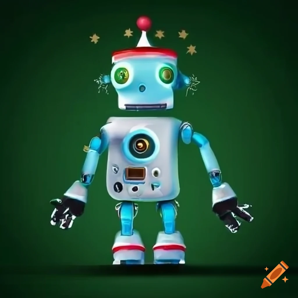 Christmas tree with a funny robot and new year greetings on Craiyon