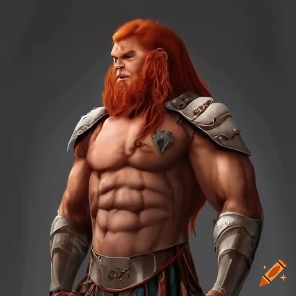 Muscular giant warrior with red hair and leather armor on Craiyon