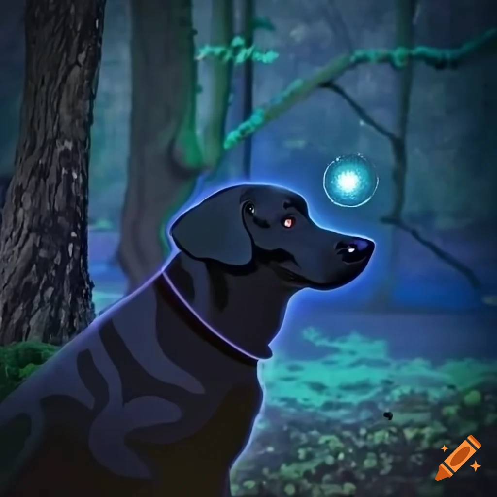 Majestic black Labrador Retriever in moonlit forest on Craiyon