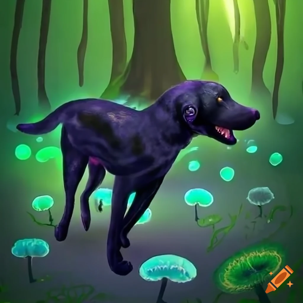 Magical forest realm with a majestic black labrador retriever, towering ...