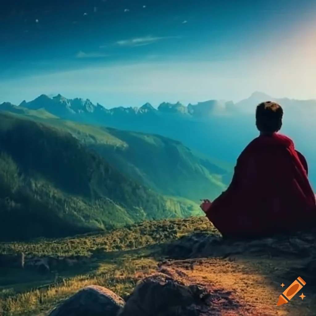 Meditating pilgrim on a peaceful mountain path on Craiyon