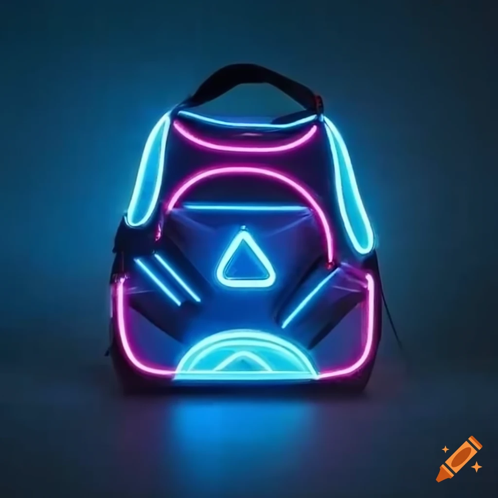 Sleek futuristic backpack with neon lights and happy face design on Craiyon