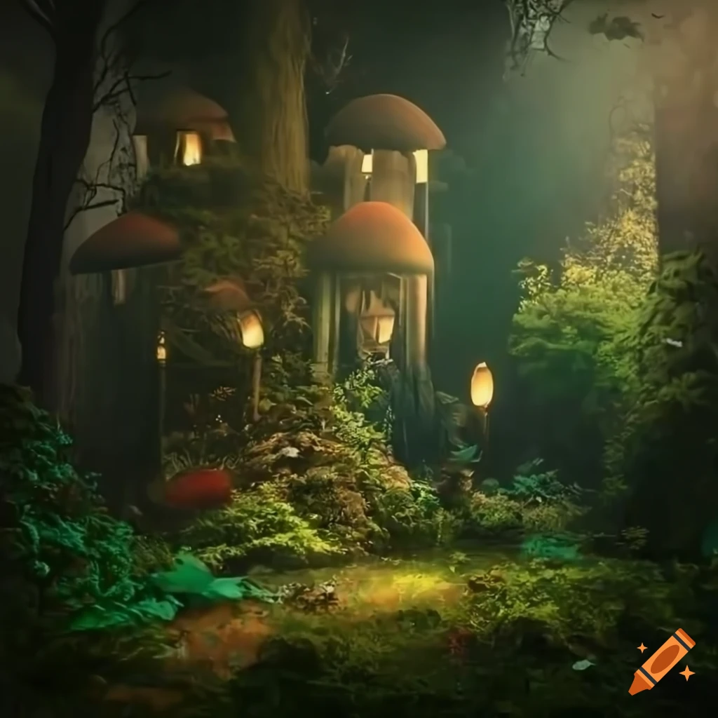 Surrealist gothic mushroom-inspired building in a magical forest with ...