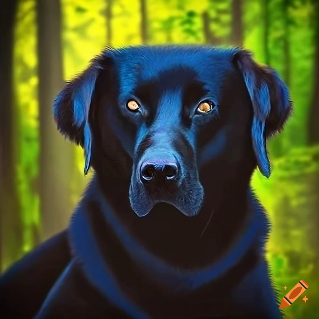 Hyperrealistic black labrador retriever in a forest with trees in the ...