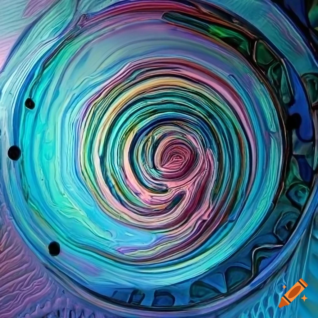 Abstract interlocking circular segments in blue-tinted glass art on Craiyon