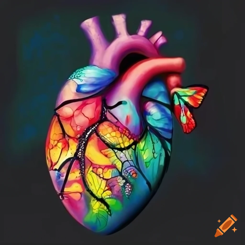 Colorful butterflies surrounding a human heart in a unique painting on ...