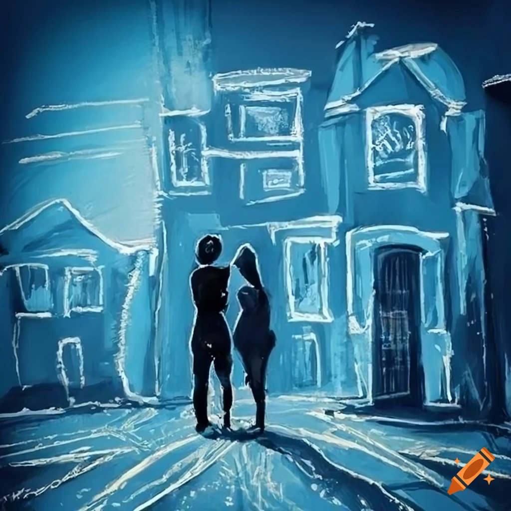 Two neighbors standing in front of their houses in a blue chalk sketch ...