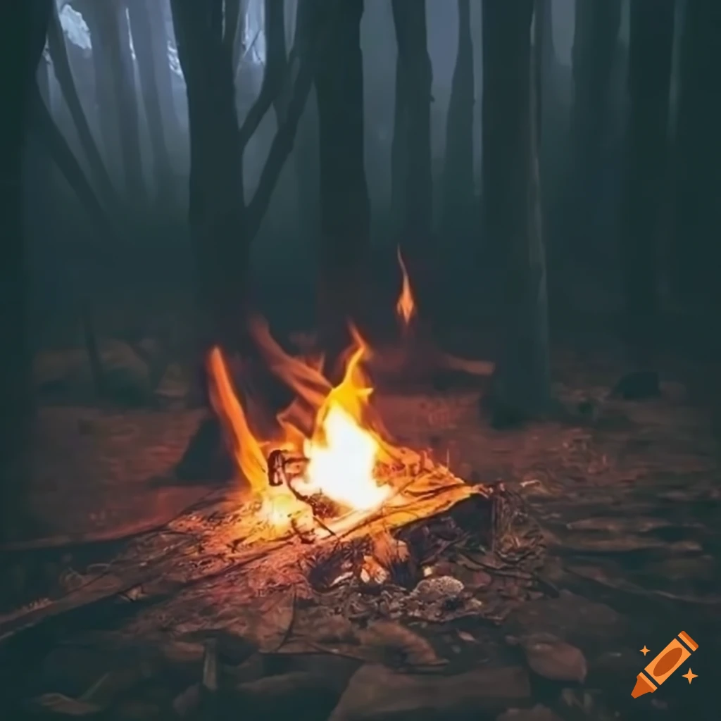 Small campfire in medieval rpg fantasy forest landscape on Craiyon