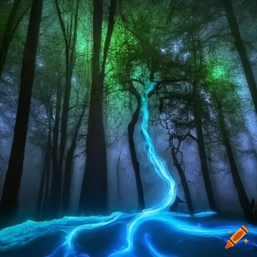 Alien environment with bioluminescent trees and celestial flowers on ...