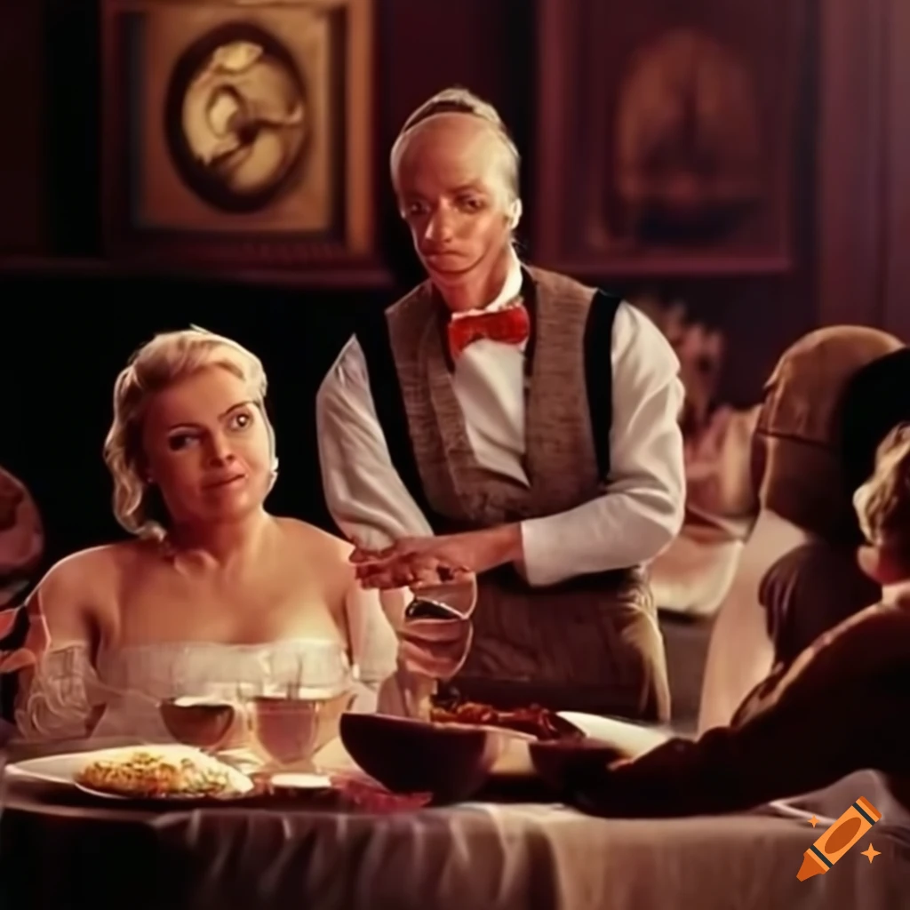 Scene from the TV show 'Dinner for One' with fake people around the ...