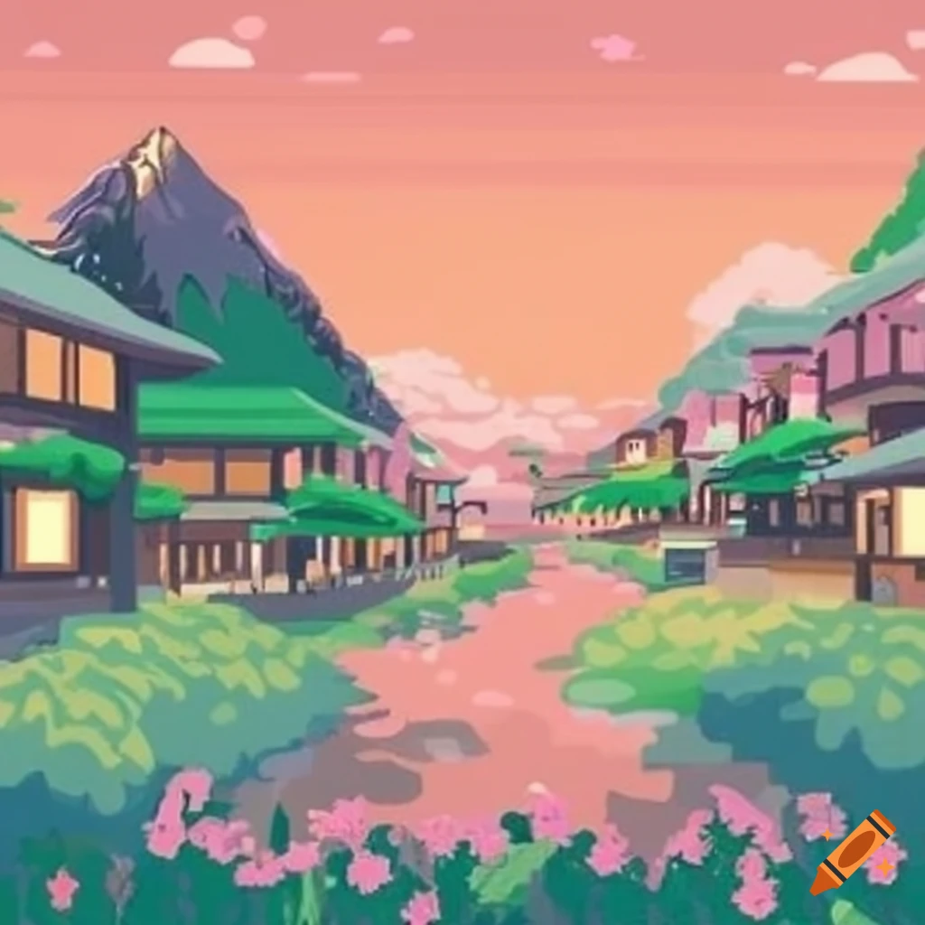 Charming pastel-colored japanese village surrounded by sakura trees in ...