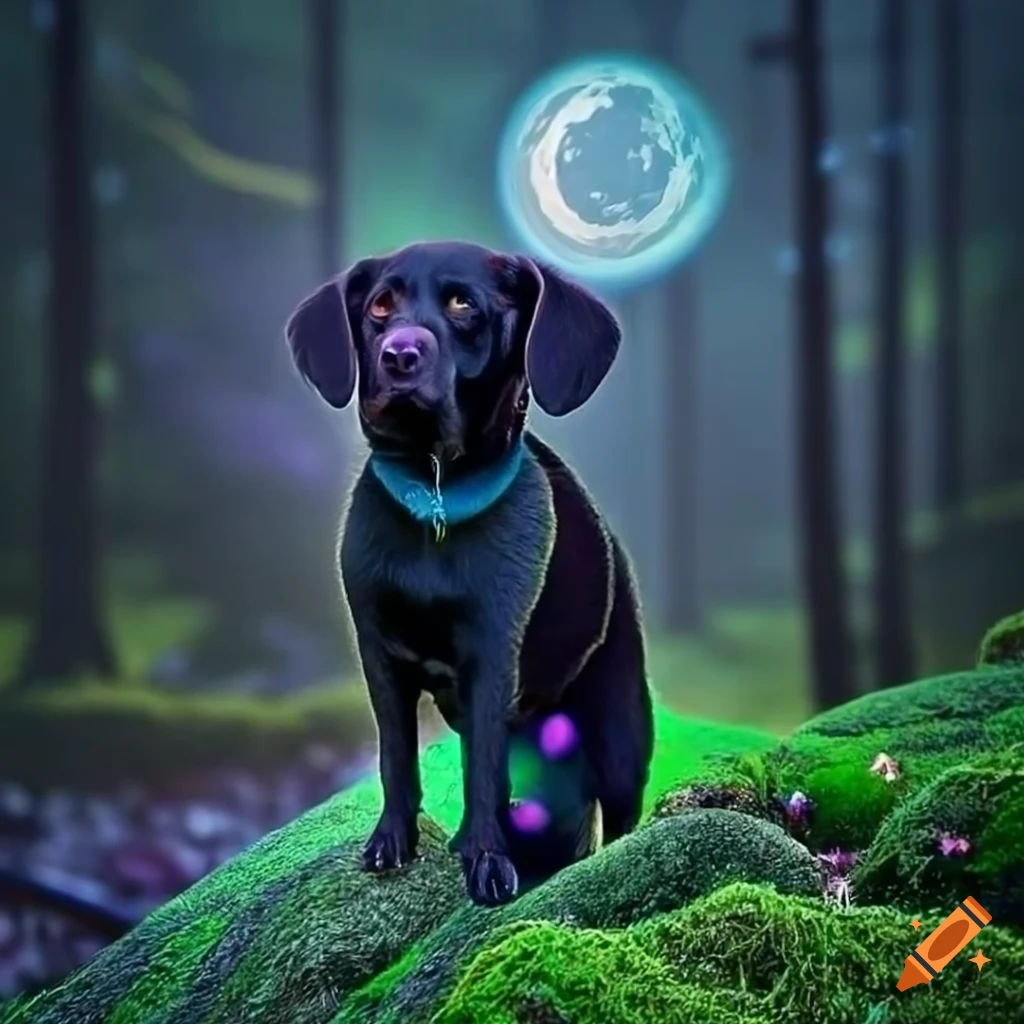 Majestic black Labrador Retriever in moonlit forest on Craiyon