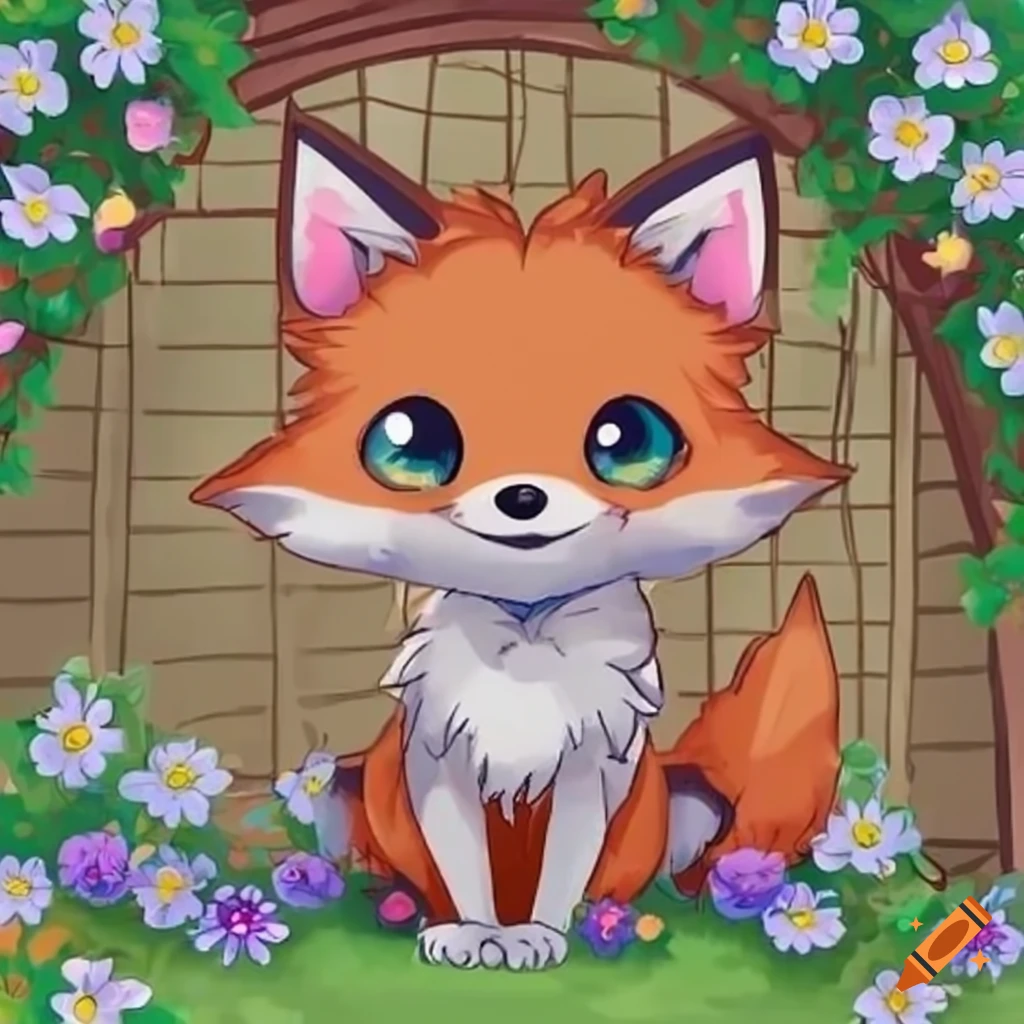 Adorable chibi fox in a den of flowers on Craiyon