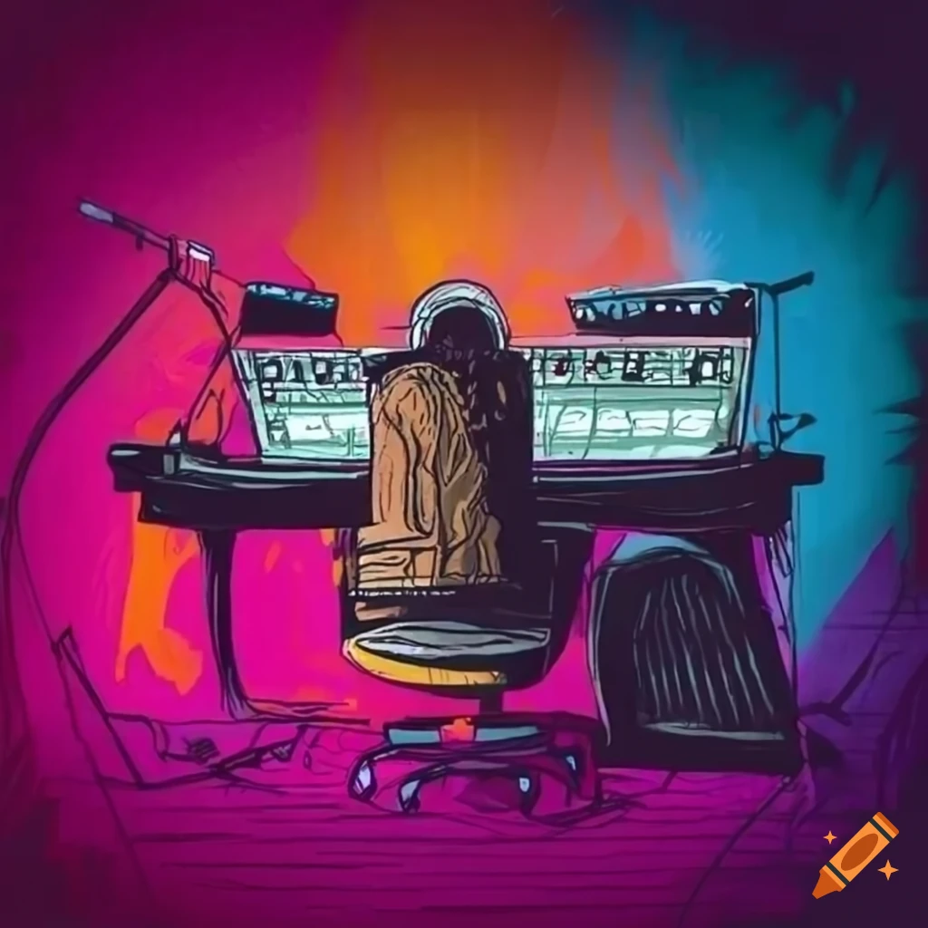 Ink drawing of rap producer in recording studio surrounded by equipment ...