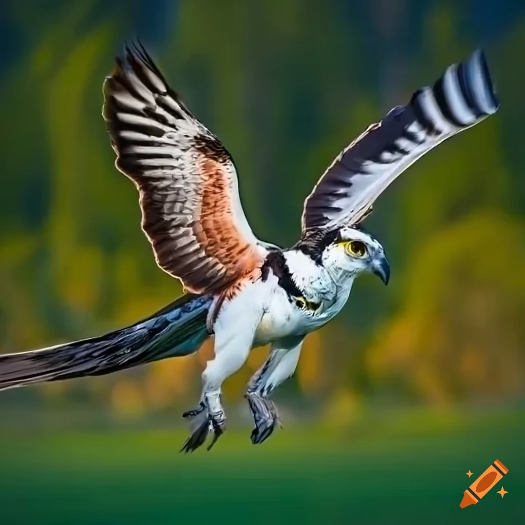 Feathered utahraptor with osprey-like coloring in full body view on Craiyon