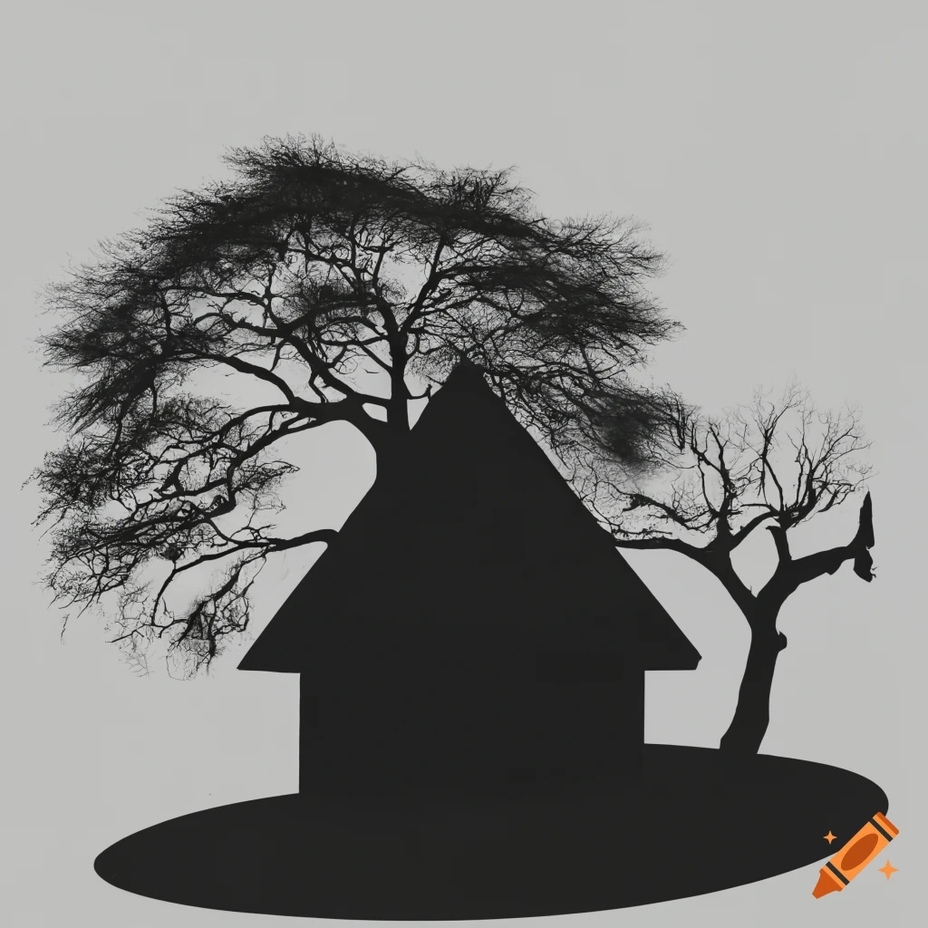 Shadow silhouette of a house, tree, and horse in black and white on Craiyon