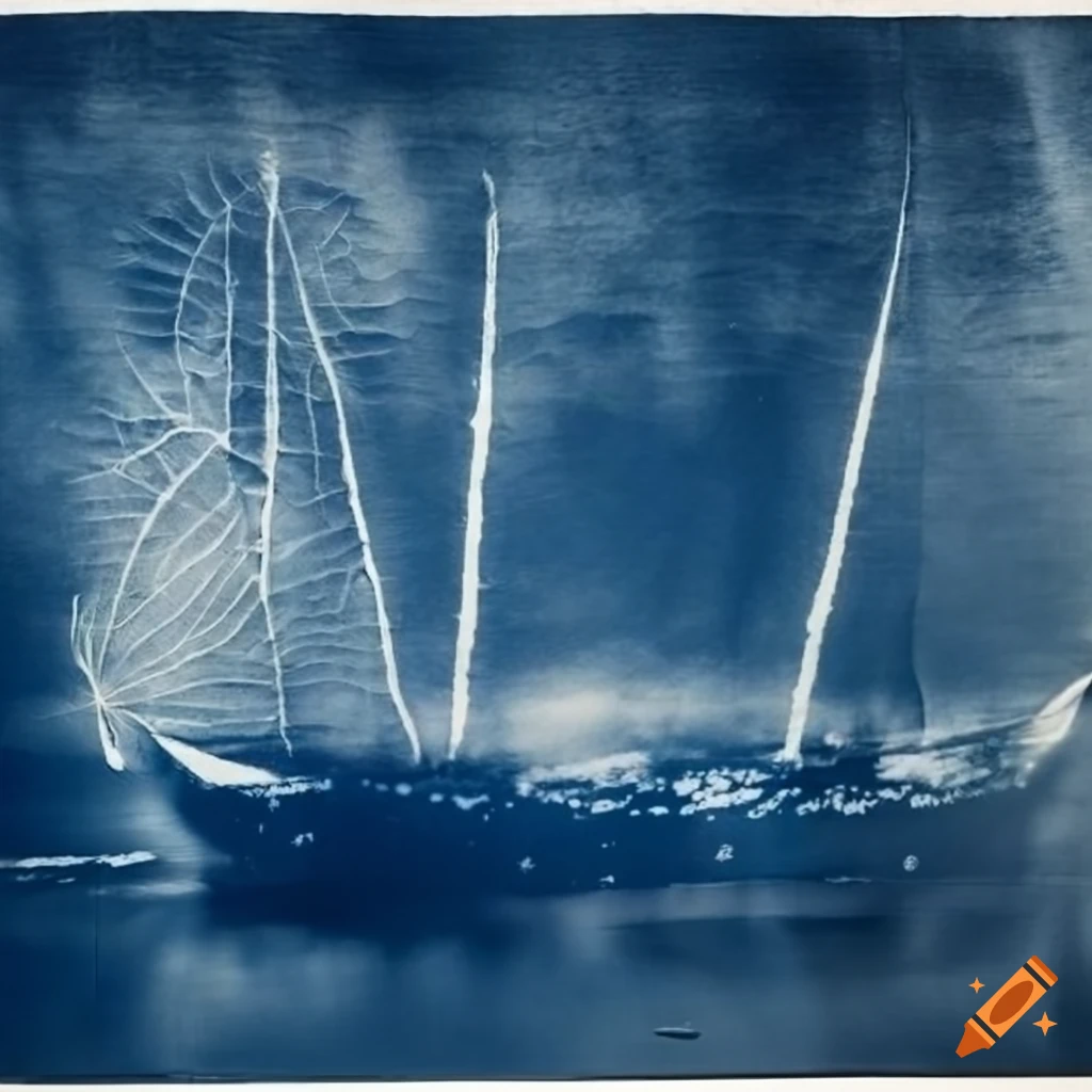 Cyanotype three-masted sailboat on Craiyon