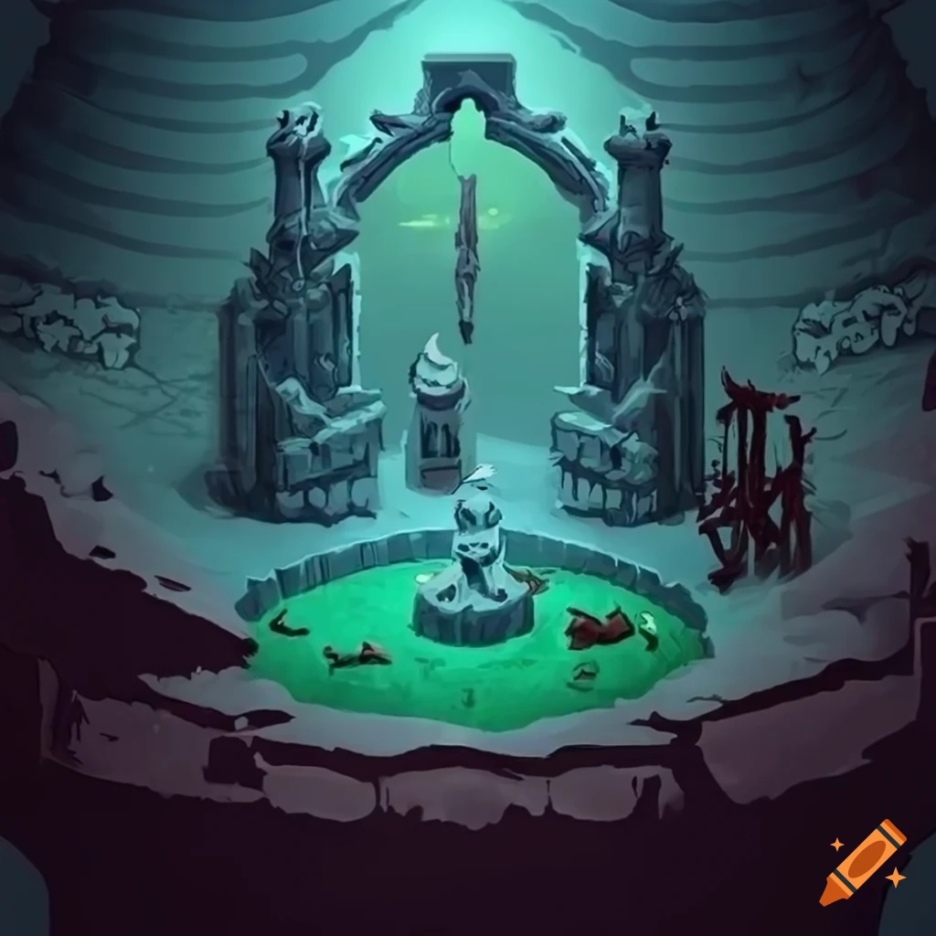 Isometric view of a necromancer's lair on Craiyon