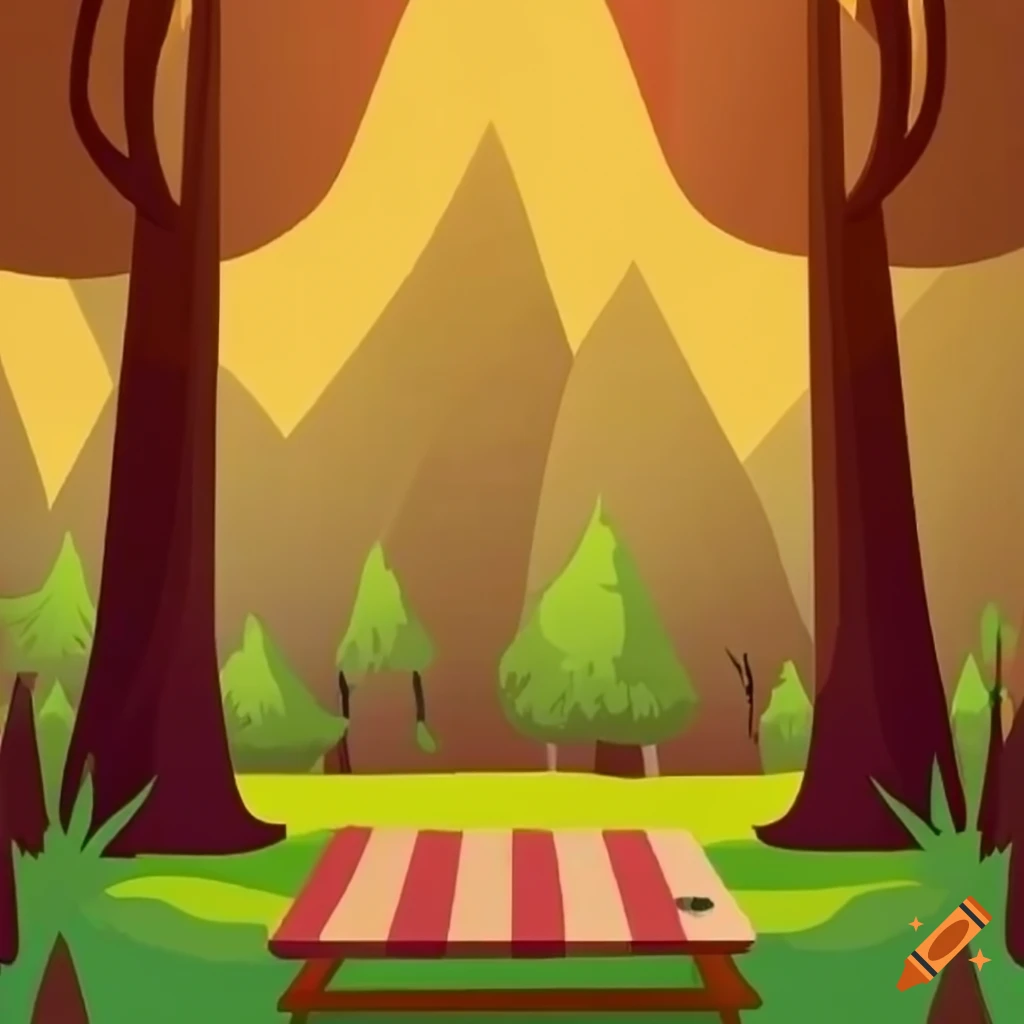 Picnic in the forest in cartoon style on Craiyon