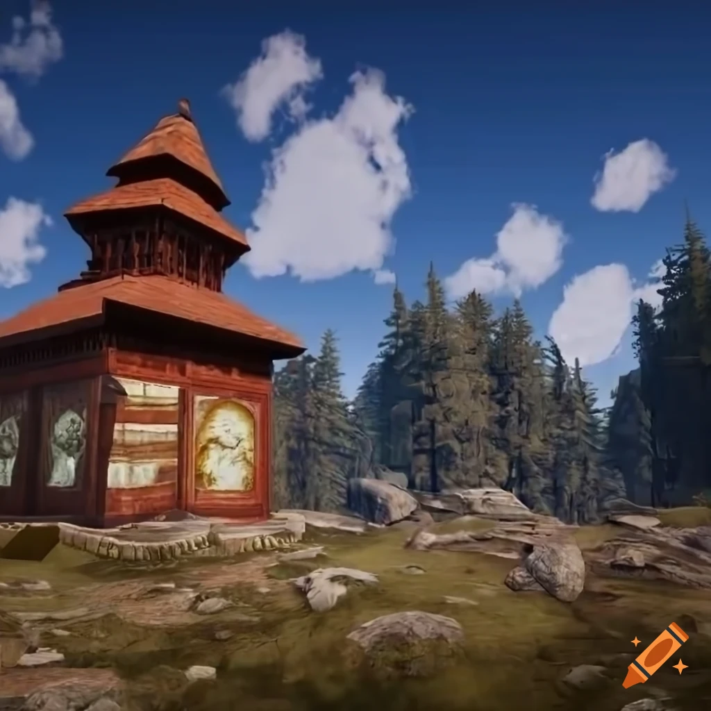 Etruscan-hittite-viking colored wooden temple with hieroglyphs in taiga ...