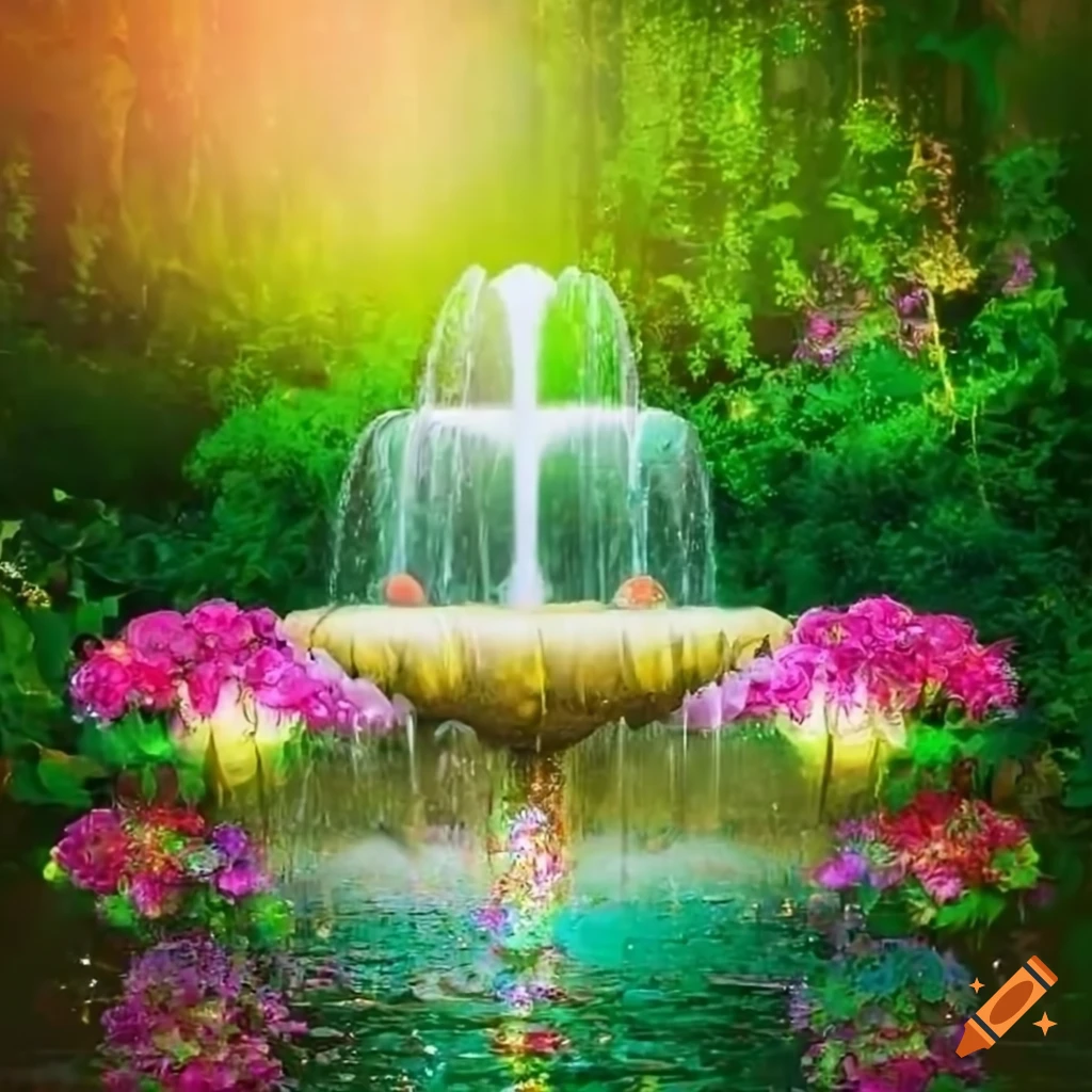 Magical fountain with colorful roses in a serene nature landscape on Craiyon