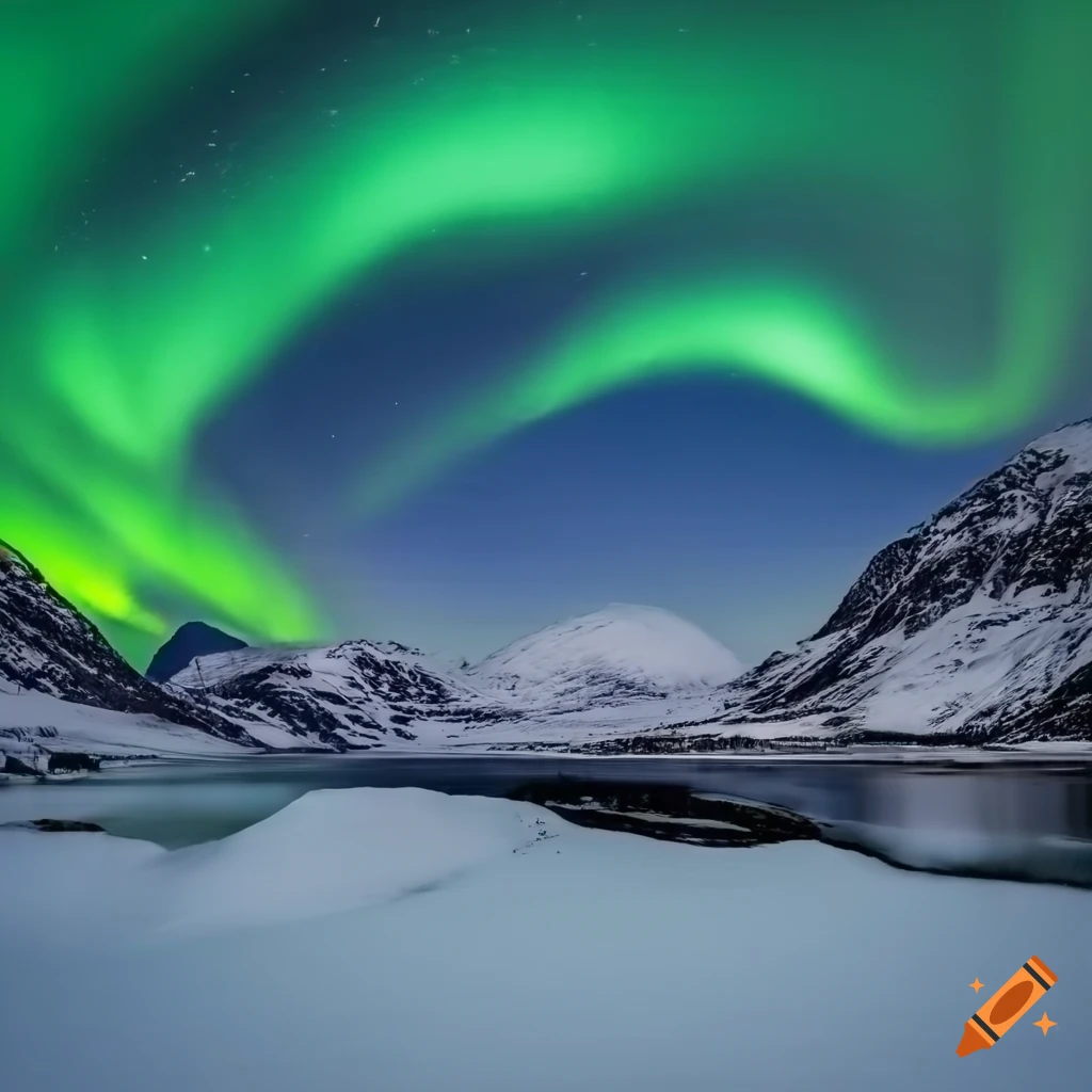 Norwegian fjord surrounded by snow with northern lights above on Craiyon