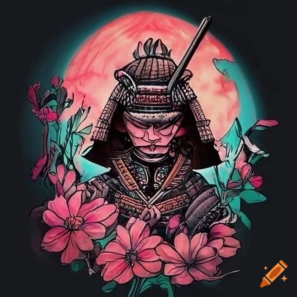 Samurai and flowers tattoo drawing design on Craiyon
