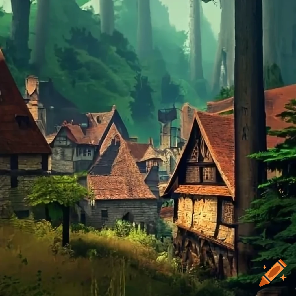 Medieval town surrounded by forest on Craiyon