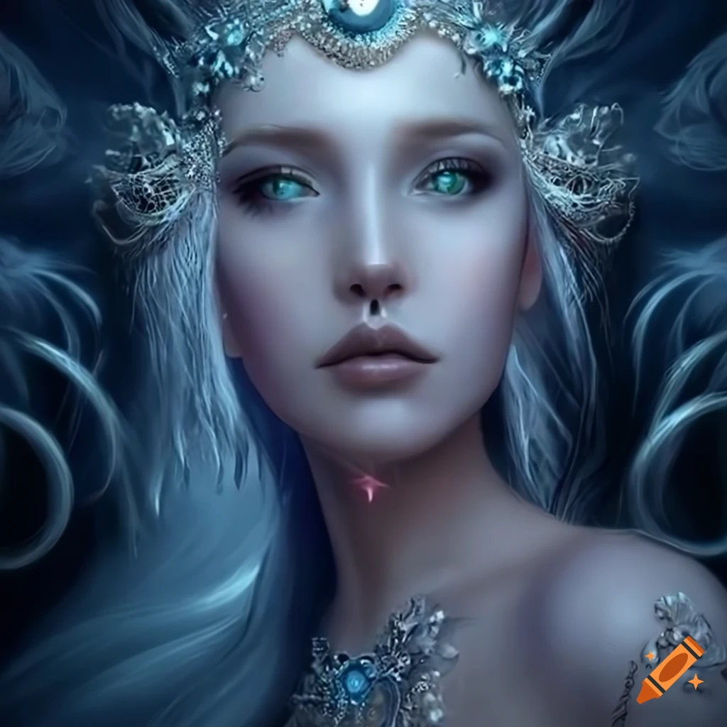 Ethereal mythical goddess illuminated by the full moon with silver hair ...