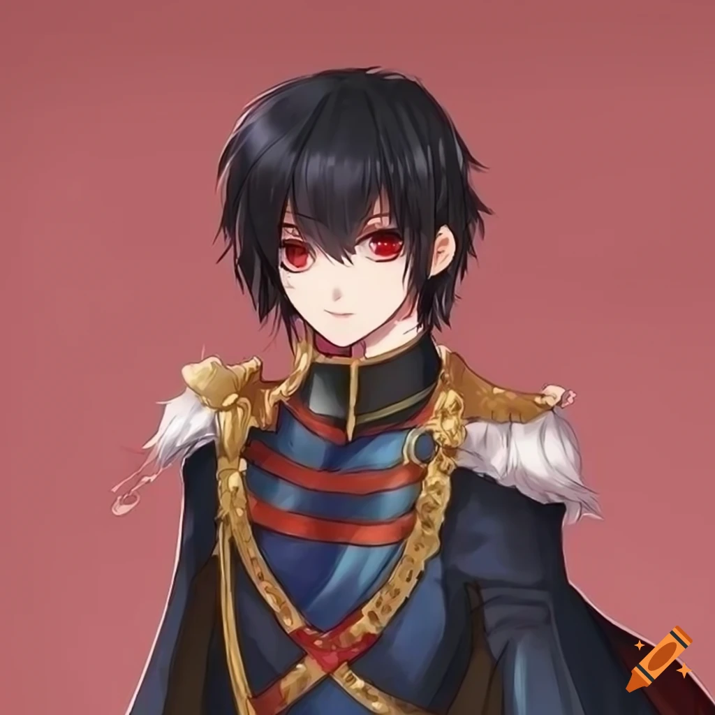 Anime style medieval young prince with black hair and red eyes on Craiyon