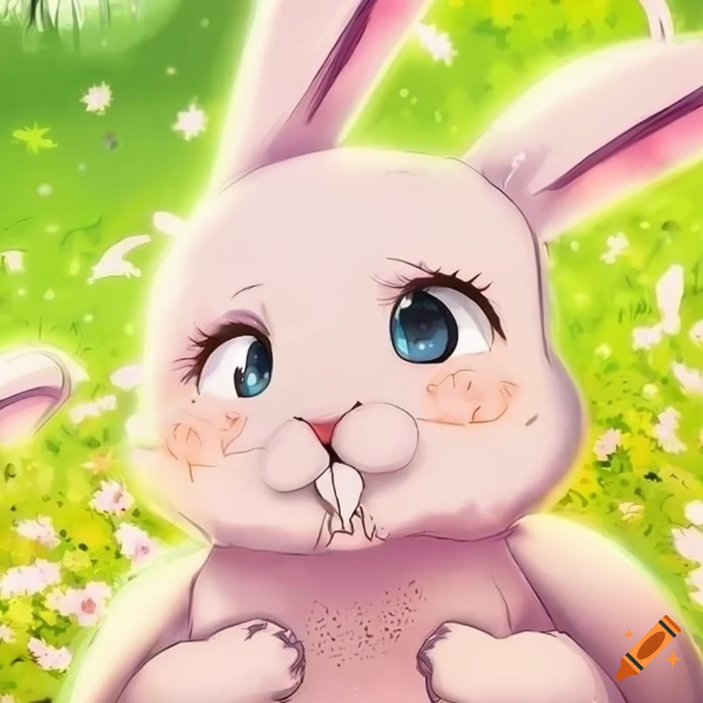 Rabbits in a meadow with anime-style glowing effects on Craiyon