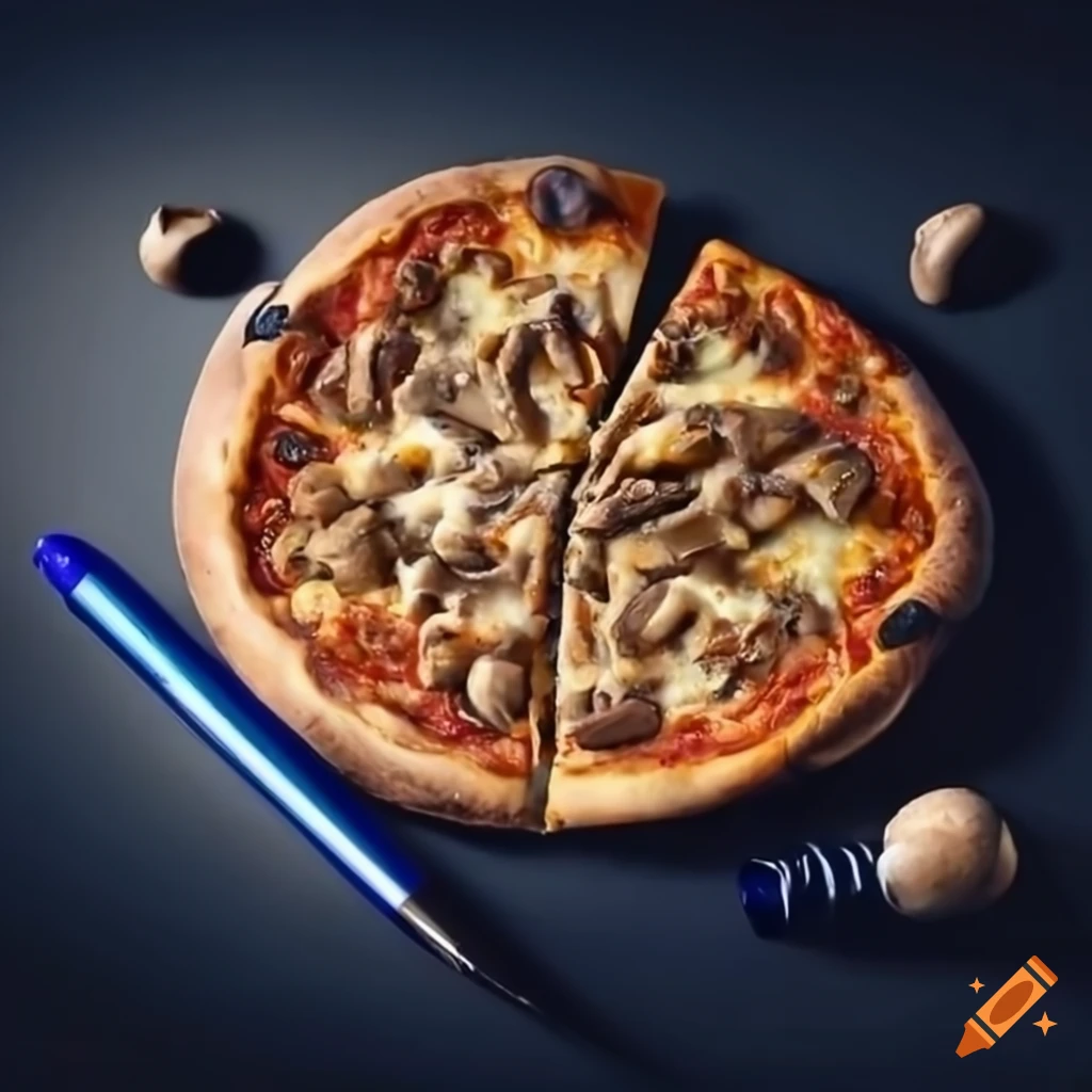 Mushroom meat pizza and a blue pen on Craiyon