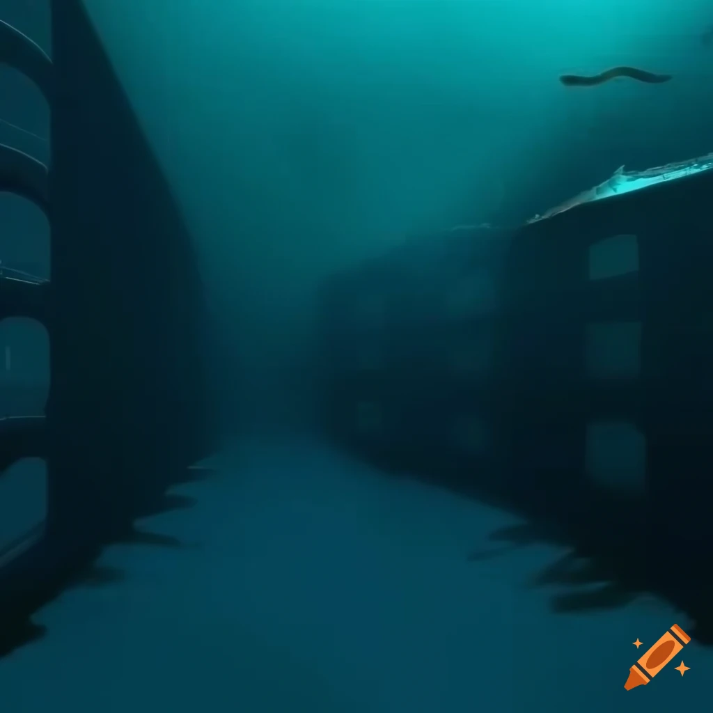 Futuristic underwater warehouses near a wharf silhouetted against the ...