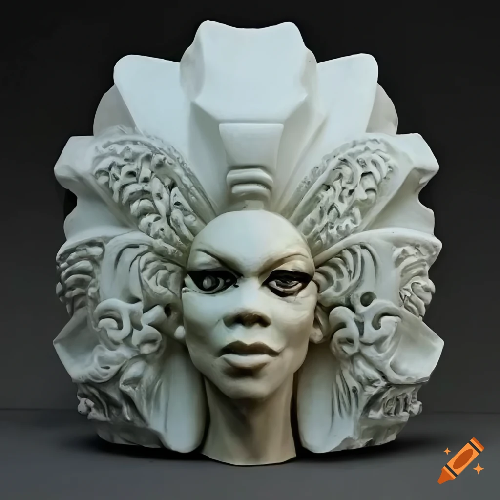 Bust of RuPaul in antique style with a science-fiction headdress on Craiyon