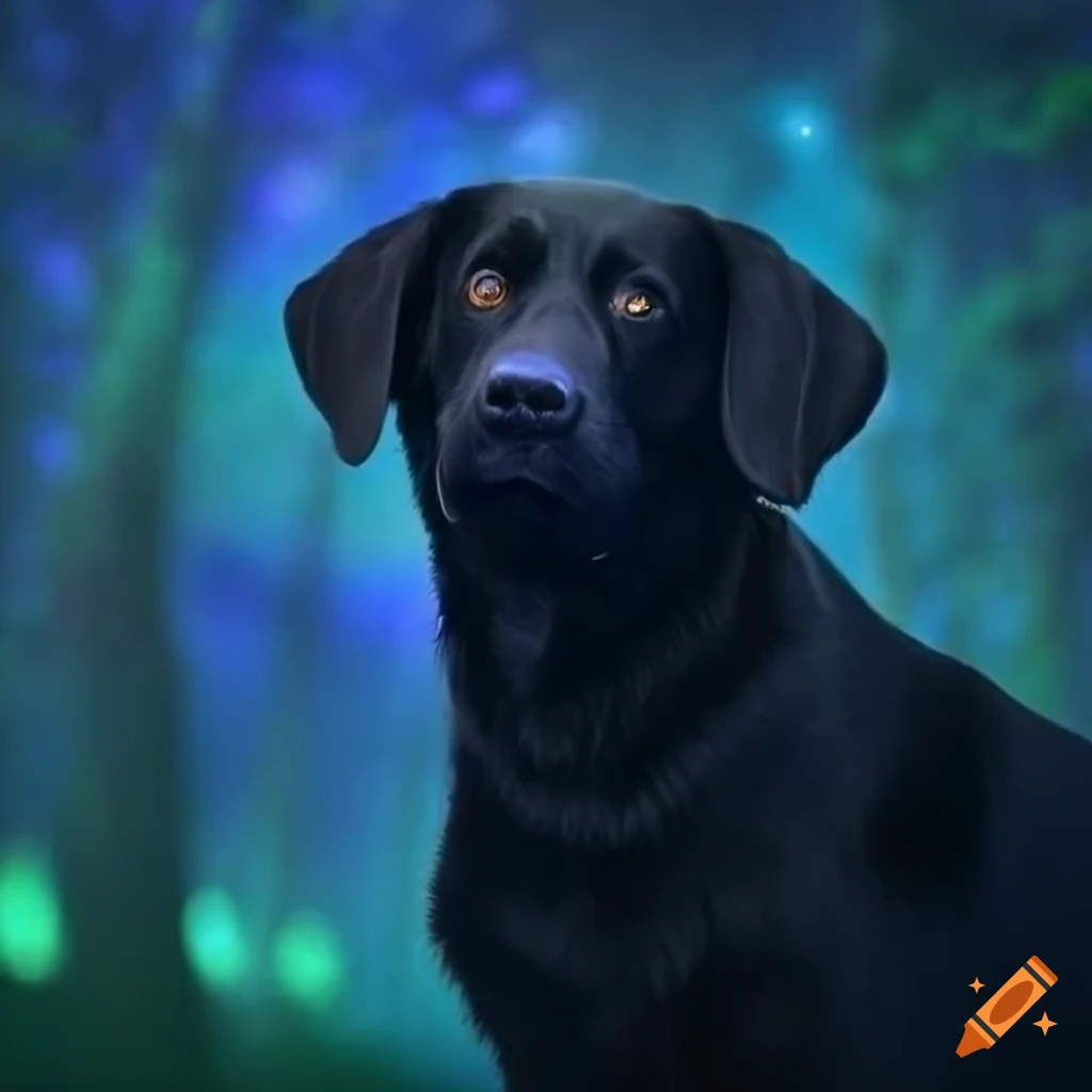 Majestic black Labrador Retriever in moonlit forest on Craiyon