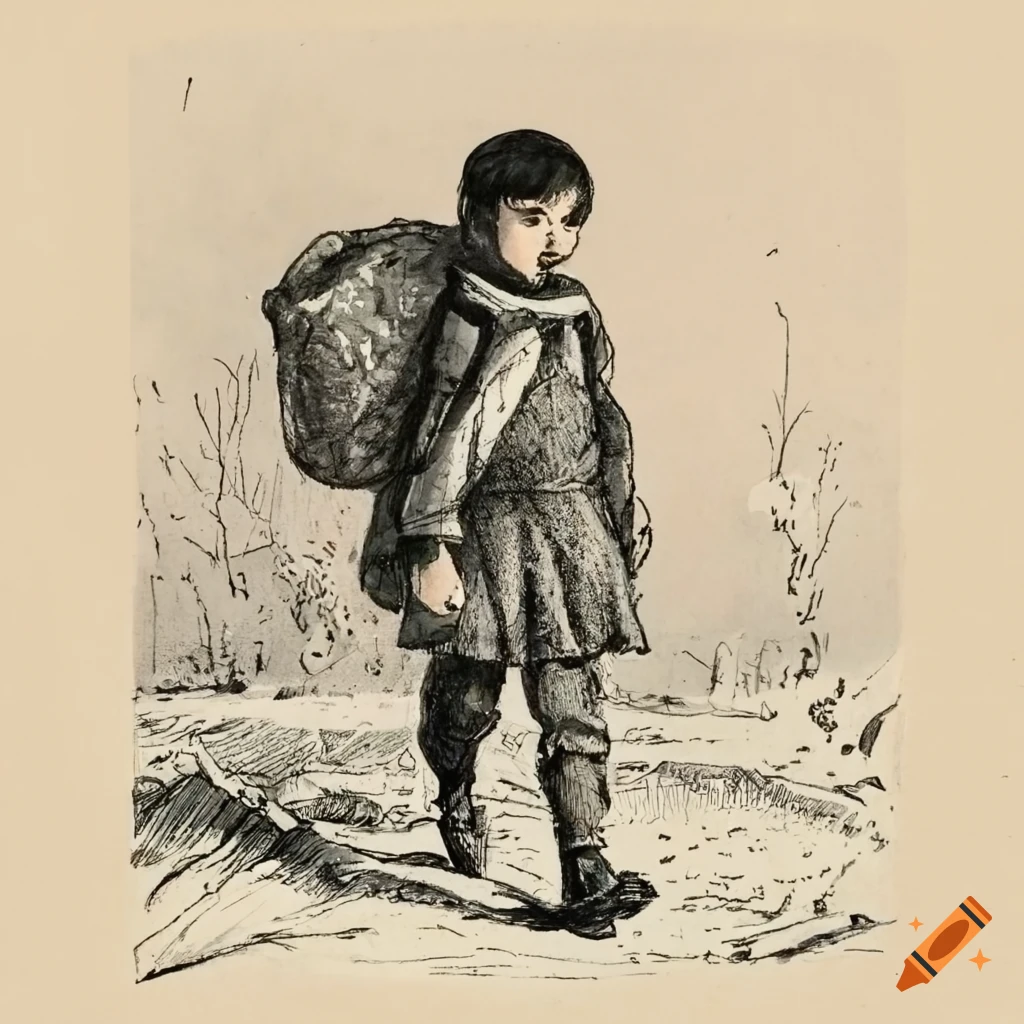 Ink drawing of a boy walking in a blizzard during the 19th century on ...