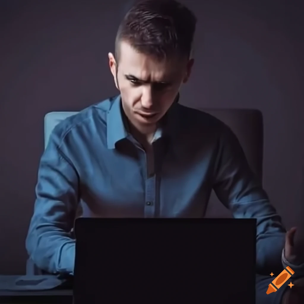 Man sitting in front of computer with tension on Craiyon