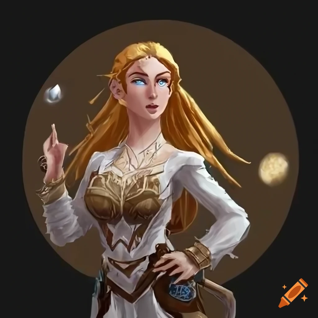 Beautiful female variant aasimar cleric in white dress with embroidered ...