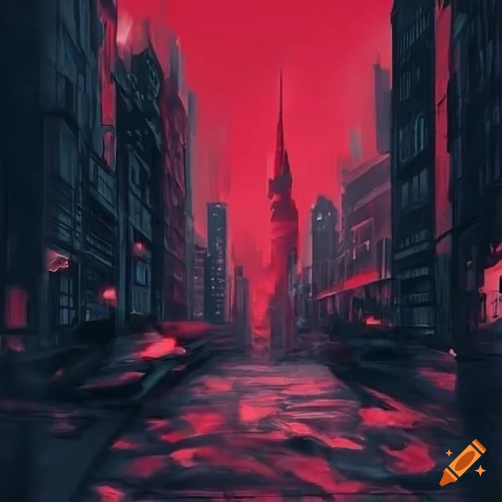 Dystopian city street in dark red and black ink on Craiyon