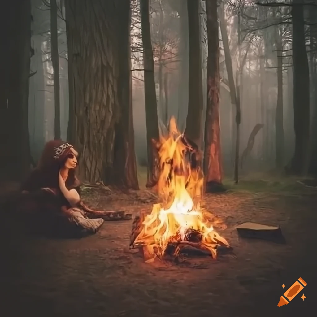 Small camp fire in an epic medieval rpg fantasy forest landscape on Craiyon