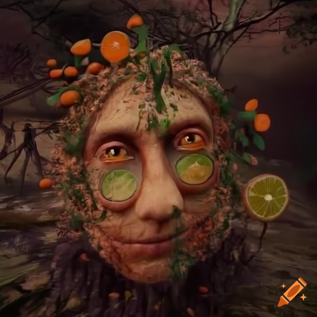 3D image of an orange fruit tree monster with a lemon human face in a ...