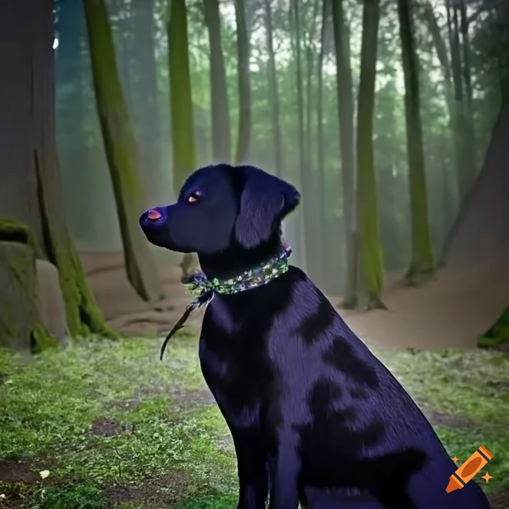 Majestic black Labrador Retriever in moonlit forest on Craiyon