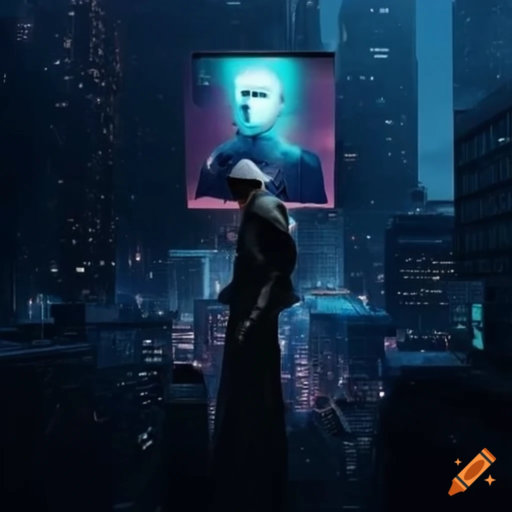 Wanted poster for a masked man on a city billboard in the year 2093 on ...