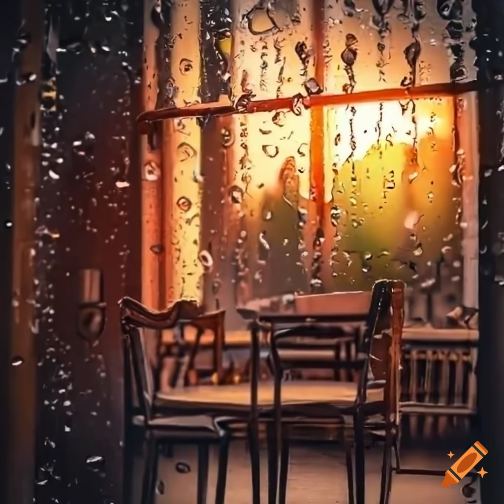 Rainy afternoon at a charming cafe with blurred window droplets on Craiyon
