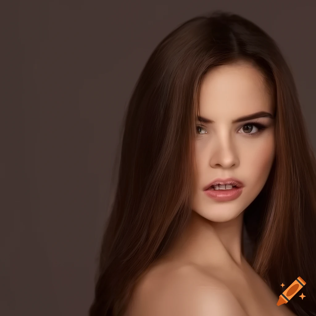 Portrait of a beautiful young woman with long brown hair and medium ...