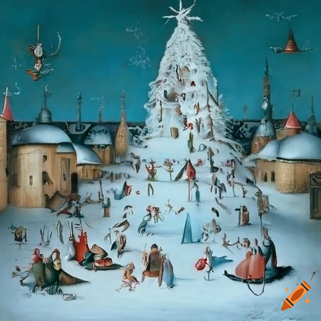 Surreal Christmas style Hieronymus Bosch paintings with trees and snow ...