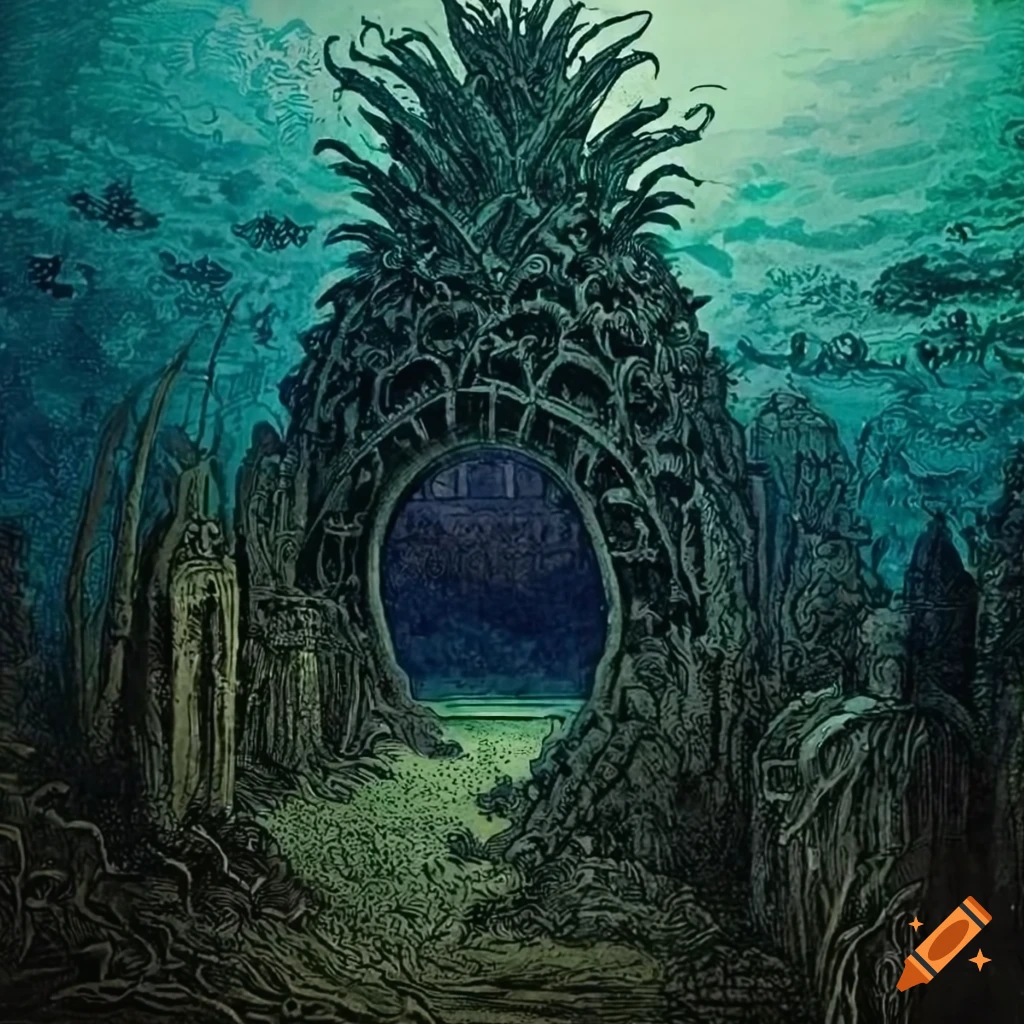 Gothic portal under the sea leading to a huge pineapple mansion in a ...