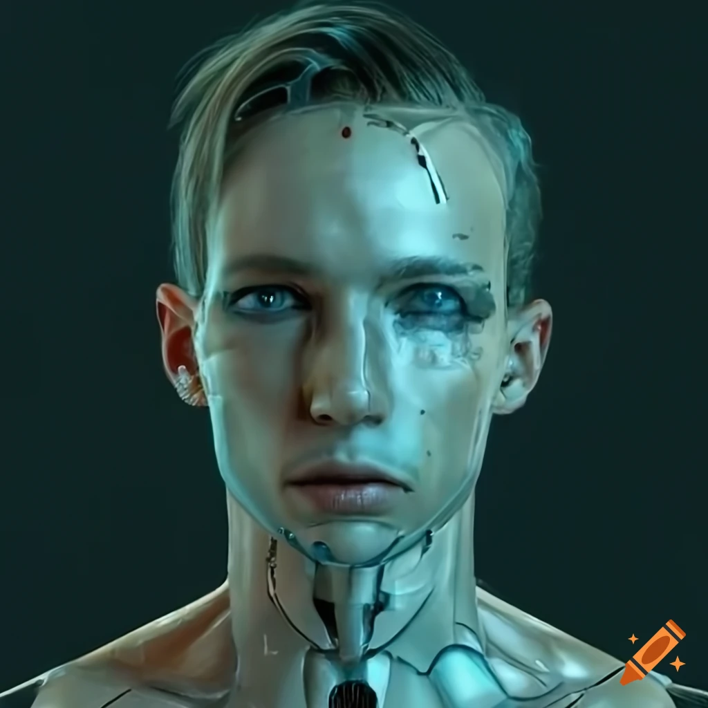 PhotoRealistic skinny male cyborg in a glass matrix on Craiyon