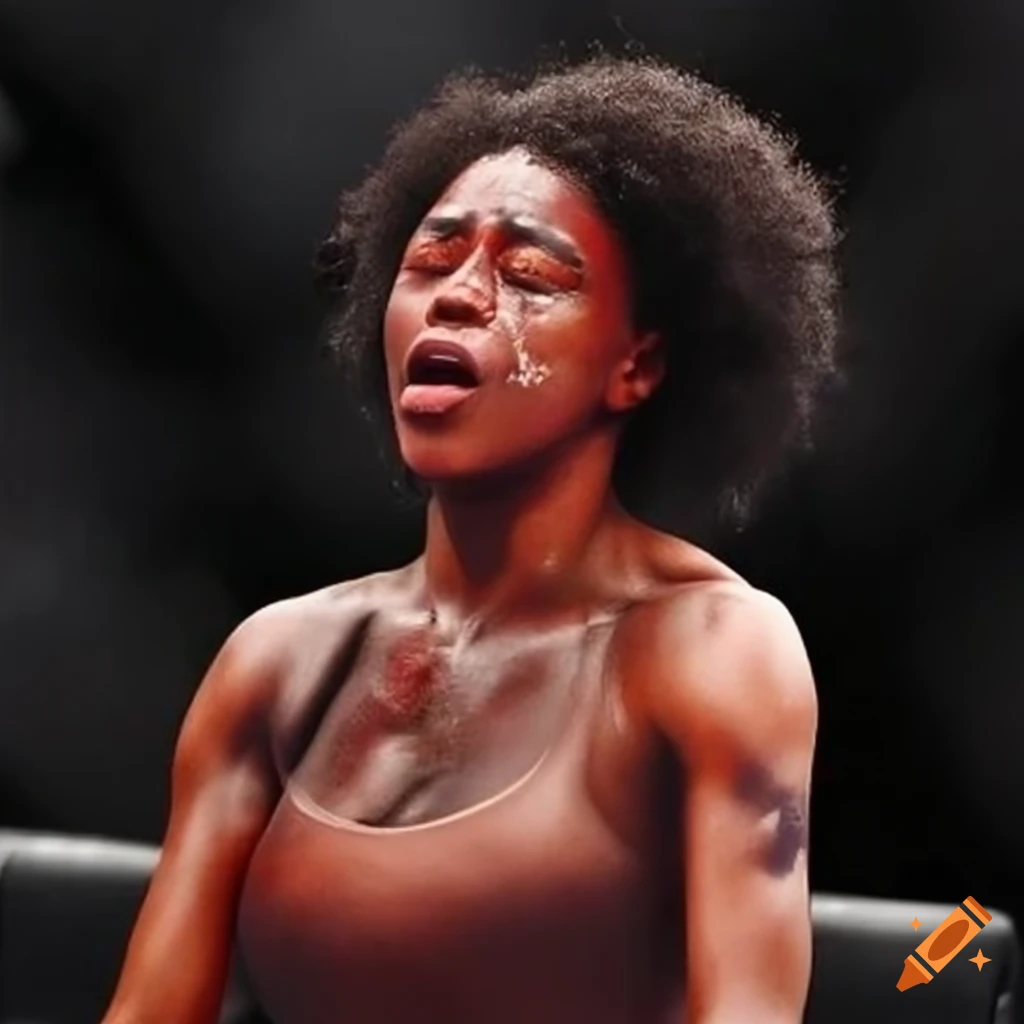 Female fighter with bruised face and stunned expression on Craiyon